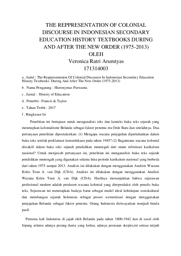 (DOC) THE REPPRESENTATION OF COLONIAL DISCOURSE IN INDONESIAN SECONDARY ...