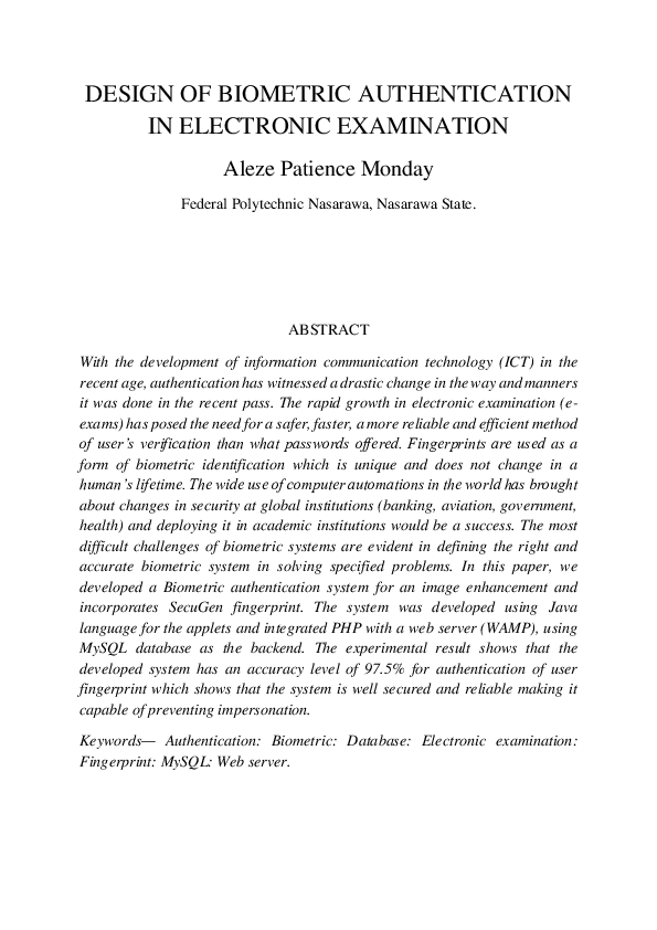 (PDF) DESIGN OF BIOMETRIC AUTHENTICATION IN ELECTRONIC EXAMINATION