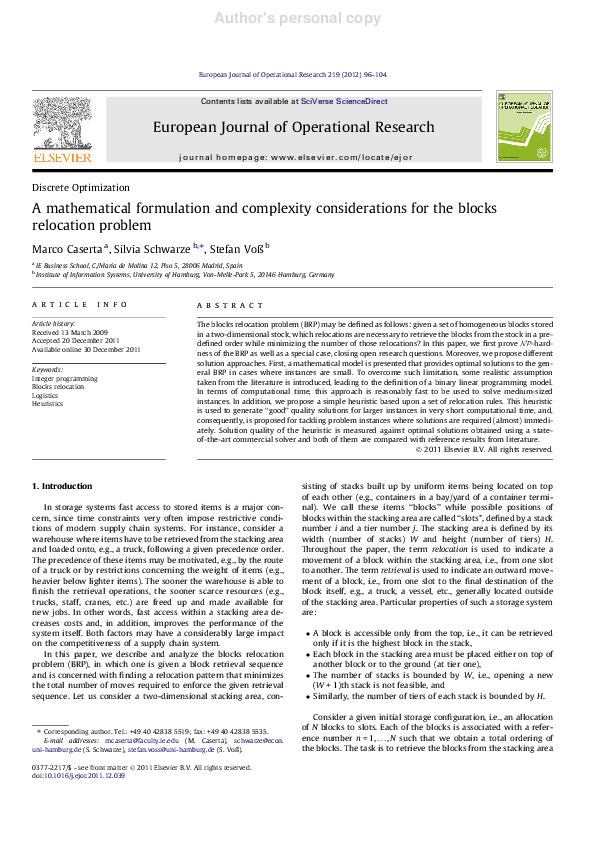 Pdf A Mathematical Formulation And Complexity Considerations For The Blocks Relocation Problem