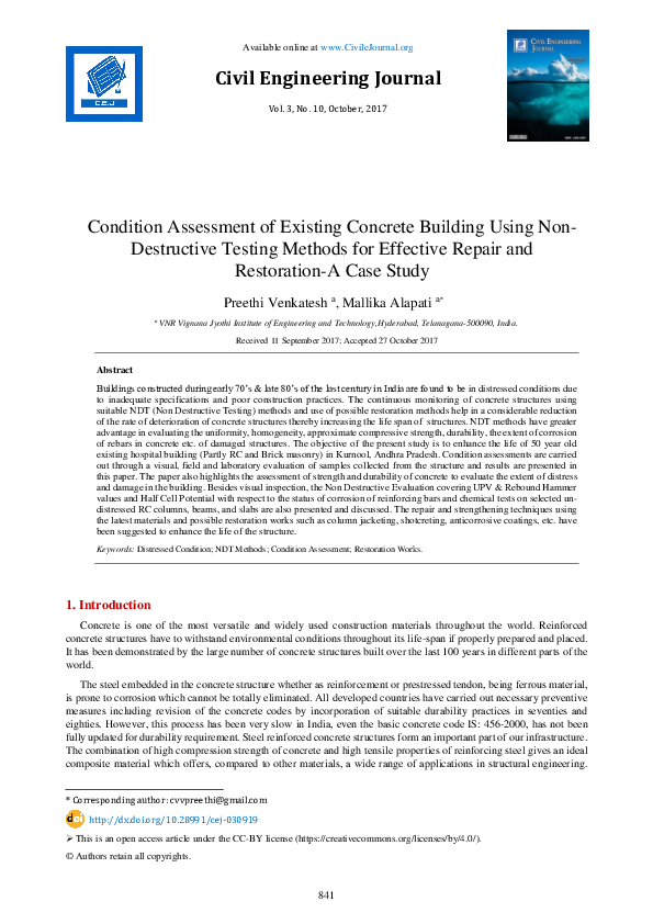Pdf Condition Assessment Of Existing Concrete Building Using Non Destructive Testing Methods