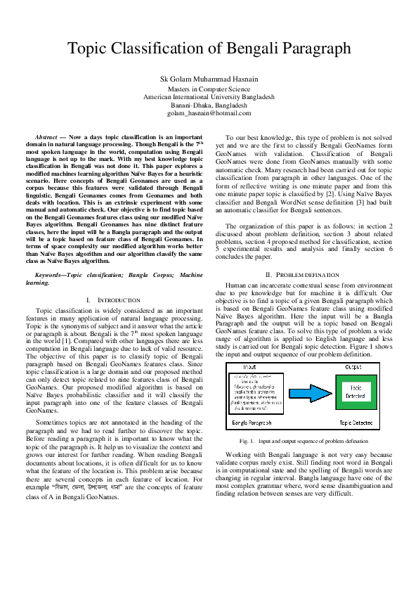 (PDF) Topic Classification of Bengali Paragraph