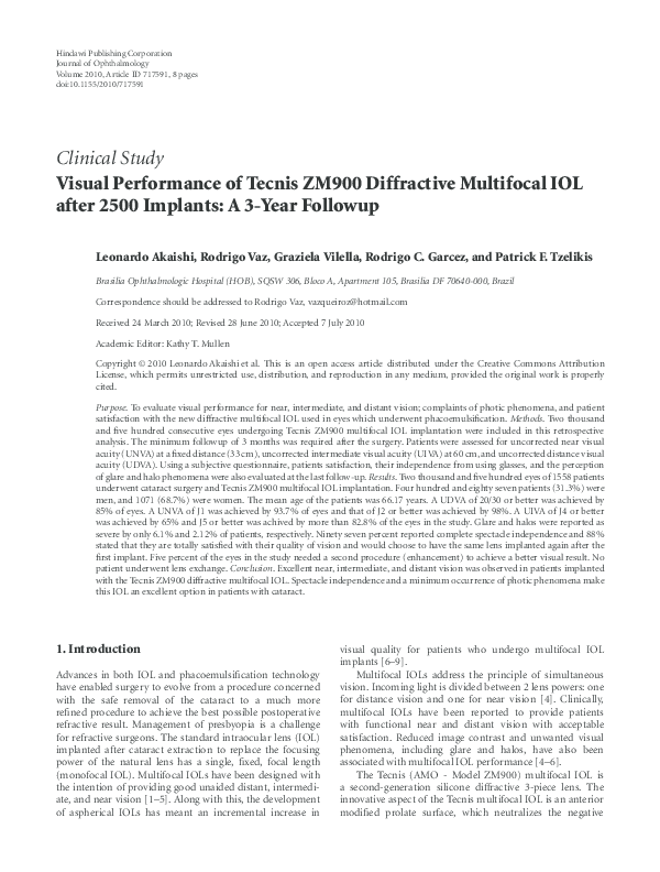 (PDF) Visual Performance of Tecnis ZM900 Diffractive Multifocal IOL ...