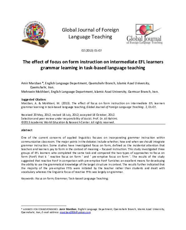 Pdf The Effect Of Focus On Form Instruction On Intermediate Efl Learners Grammar Learning In