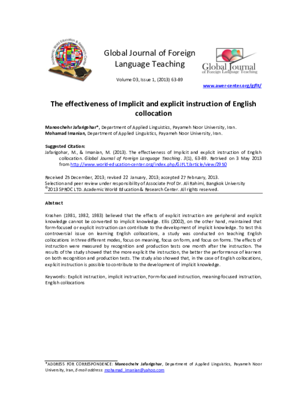 (PDF) The effectiveness of Implicit and explicit instruction of English collocation