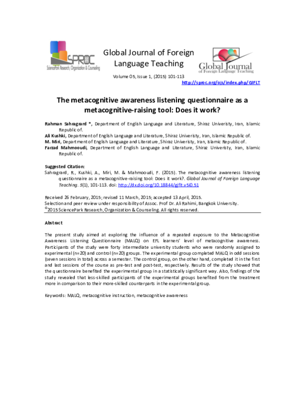(PDF) The metacognitive awareness listening questionnaire as a ...