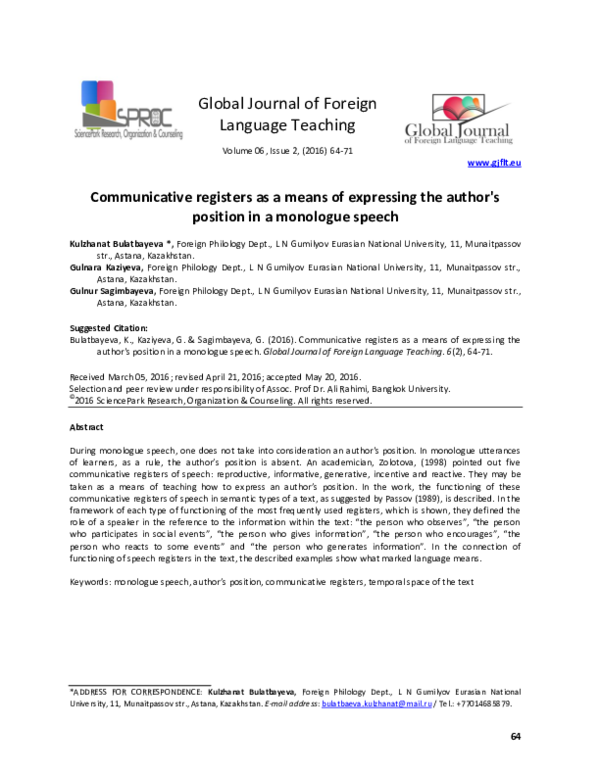 (PDF) Communicative registers as a means of expressing the author's ...