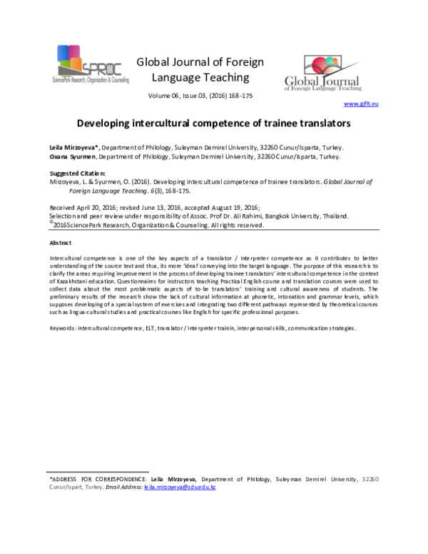 (PDF) Developing intercultural competence of trainee translators