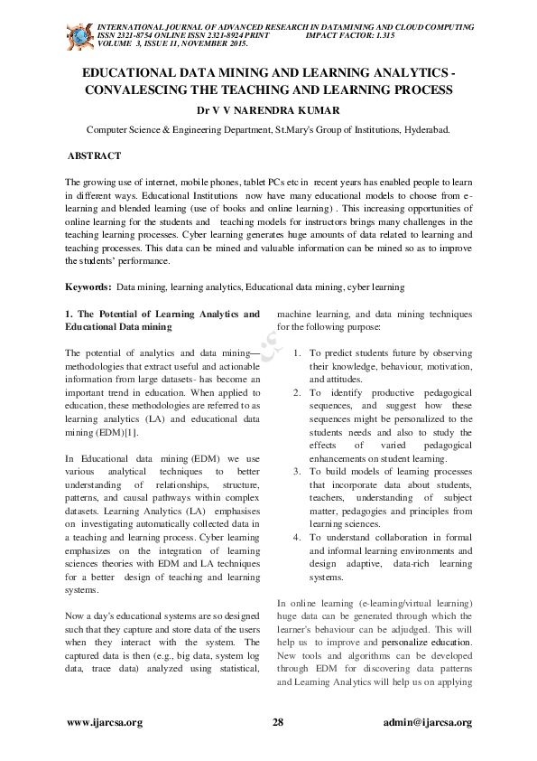 (PDF) EDUCATIONAL DATA MINING AND LEARNING ANALYTICS - CONVALESCING THE ...