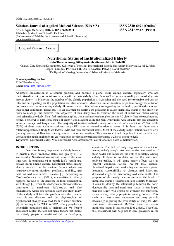 (PDF) Nutritional Status of Institutionalized Elderly