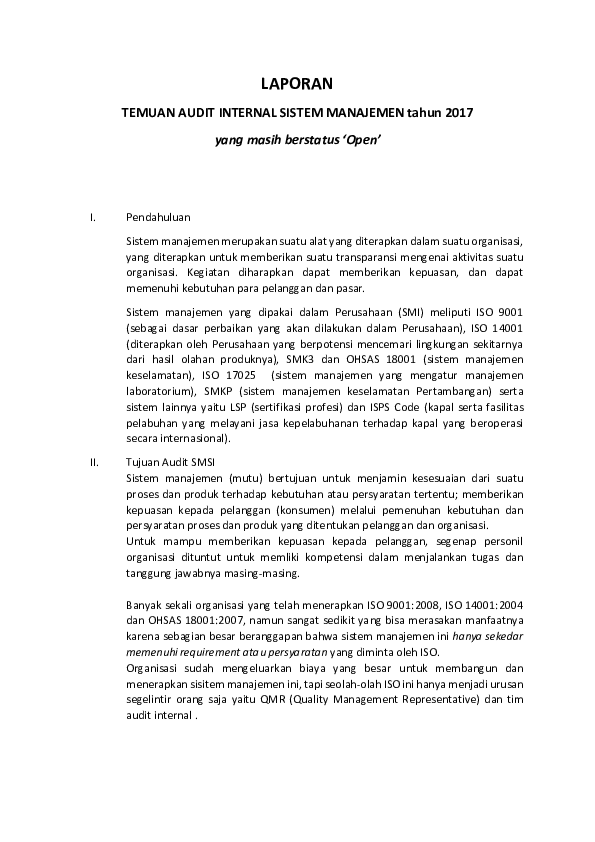 (DOC) LAPORAN TEMUAN AUDIT INTERNAL SISTEM MANAJEMEN tahun 2017 yang ...