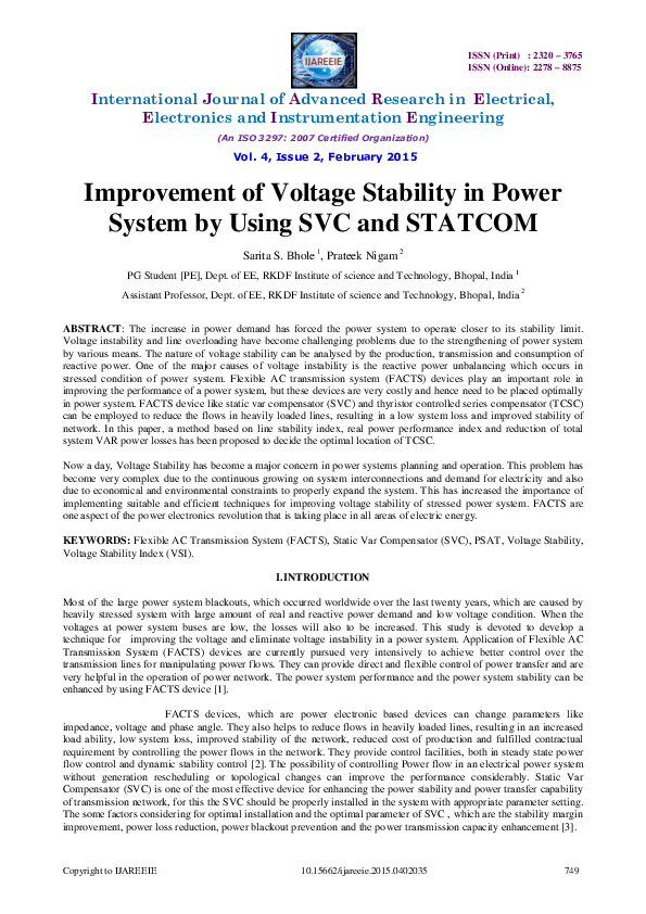 (PDF) Improvement of Voltage Stability in Power System by Using SVC and STATCOM