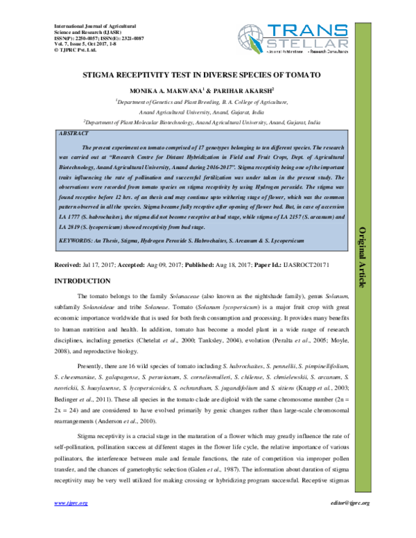 (PDF) STIGMA RECEPTIVITY TEST IN DIVERSE SPECIES OF TOMATO