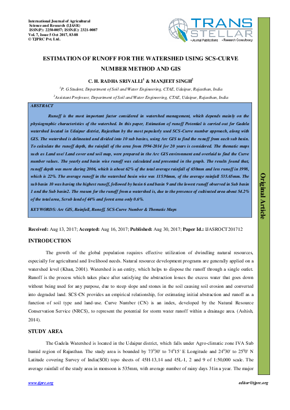 Pdf Estimation Of Runoff For The Watershed Using Scs Curve Number Method And Gis