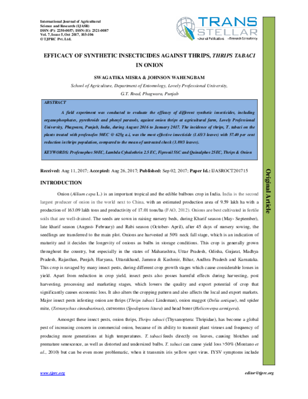 (PDF) EFFICACY OF SYNTHETIC INSECTICIDES AGAINST THRIPS, THRIPS TABACI IN ONION