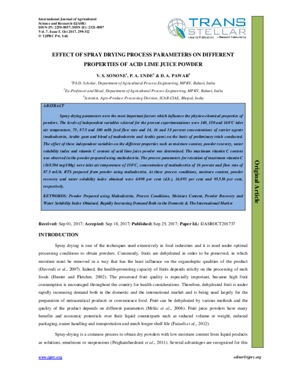 Pdf Effect Of Spray Drying Process Parameters On Different Properties Of Acid Lime Juice Powder