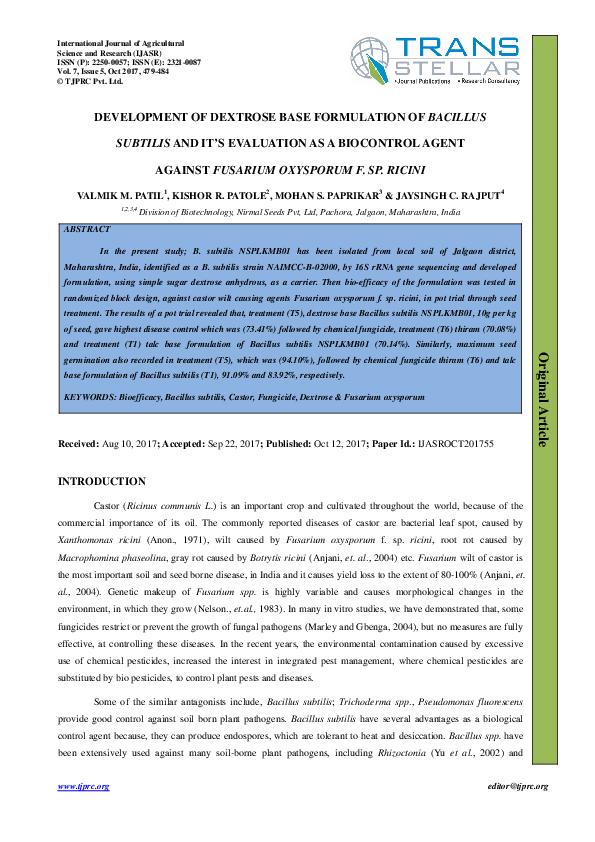 (PDF) DEVELOPMENT OF DEXTROSE BASE FORMULATION OF BACILLUS SUBTILIS AND ...