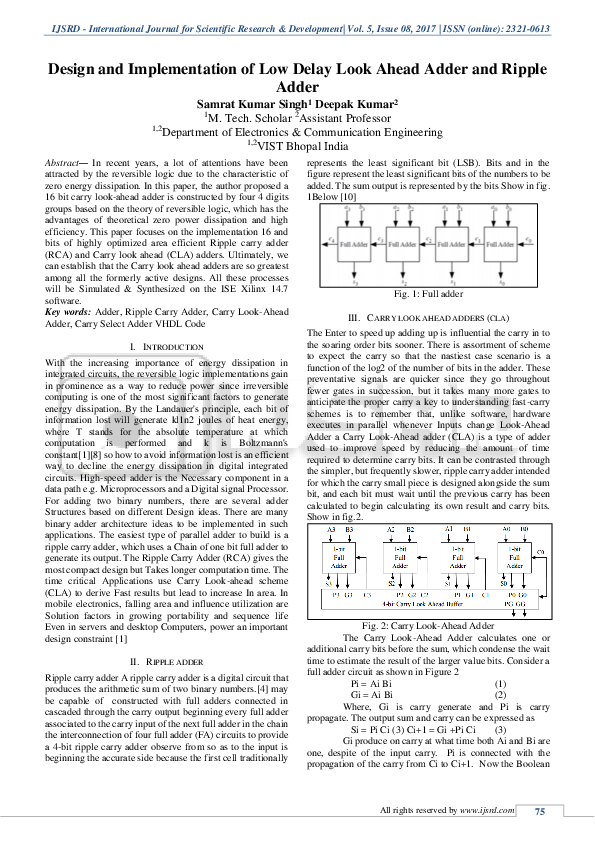Pdf Design And Implementation Of Low Delay Look Ahead Adder And