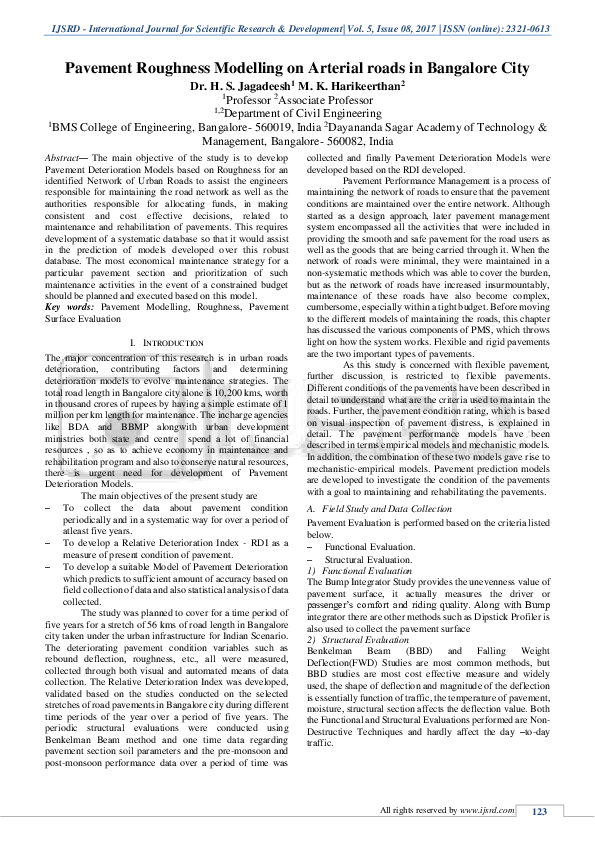 (PDF) Pavement Roughness Modelling on Arterial roads in Bangalore City