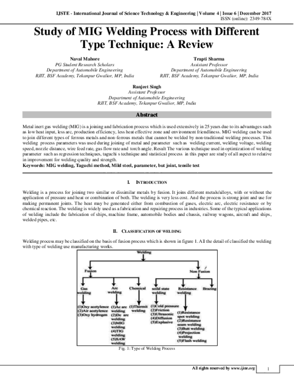 (PDF) Study of MIG Welding Process with Different Type Technique: A Review