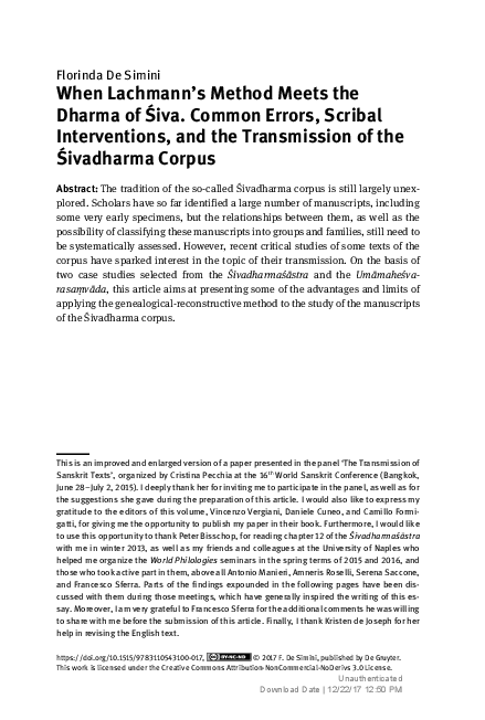 (PDF) 2017 When Lachmann's Method Meets the Dharma of Śiva. Common ...