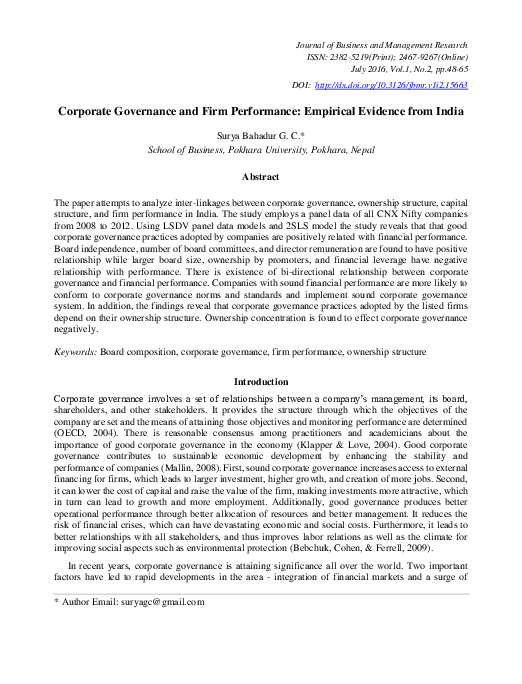(PDF) Corporate Governance and Firm Performance: Empirical Evidence from India