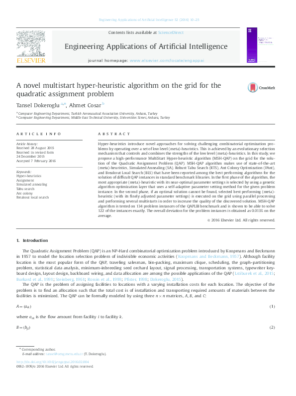 Pdf A Novel Multistart Hyper Heuristic Algorithm On The Grid For The Quadratic Assignment