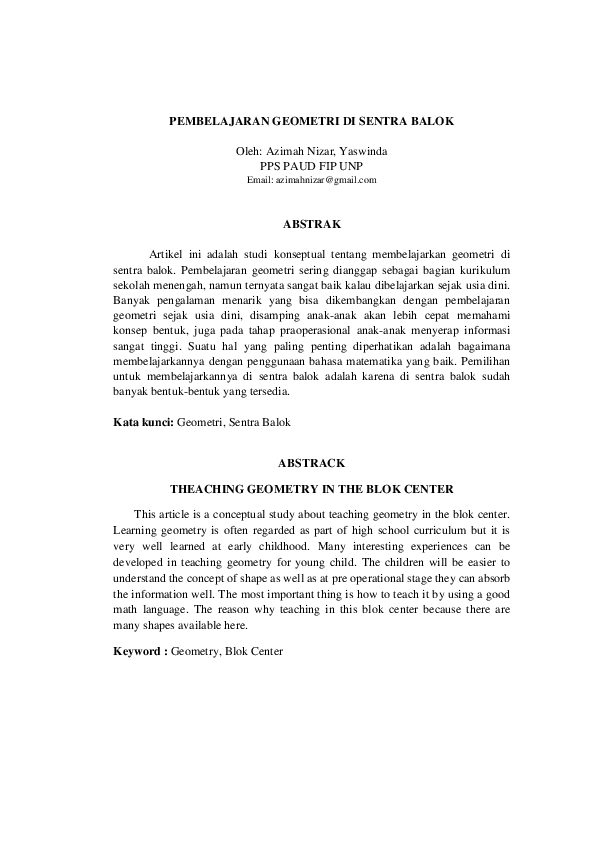(DOC) PEMBELAJARAN GEOMETRI DI SENTRA BALOK