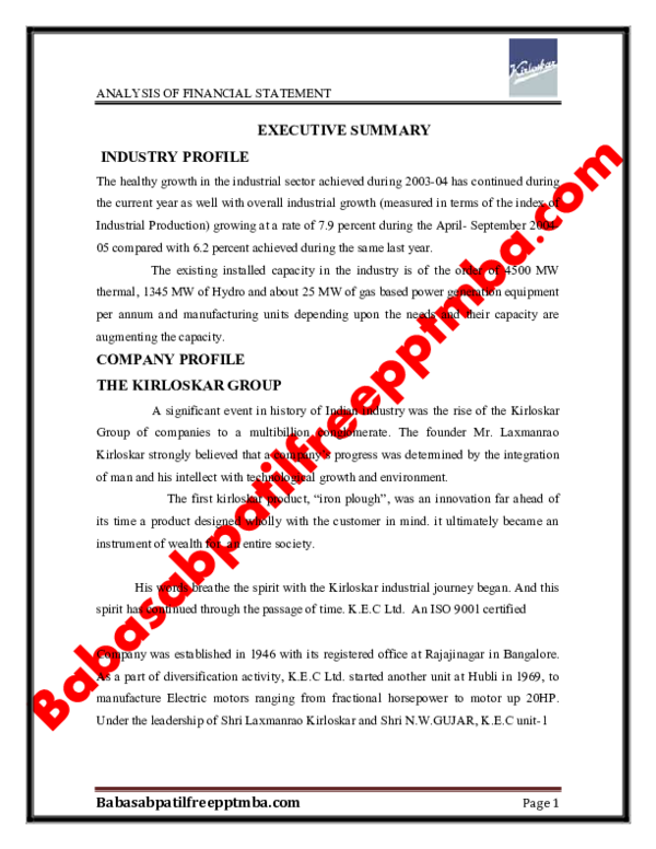 (PDF) ANALYSIS OF FINANCIAL STATEMENT EXECUTIVE SUMMARY INDUSTRY PROFILE