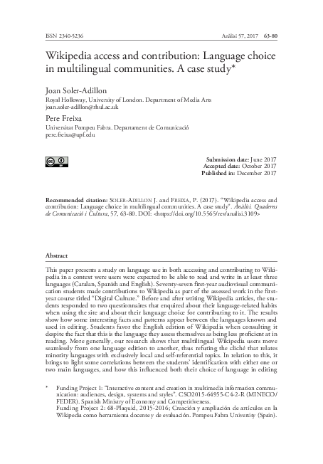 (PDF) Wikipedia access and contribution: Language choice in ...