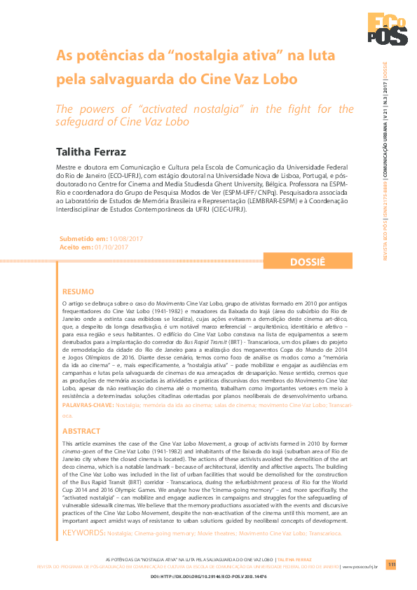(PDF) AS POTÊNCIAS DA " NOSTALGIA ATIVA " NA LUTA PELA SALVAGUARDA DO CINE VAZ LOBO | TALITHA ...