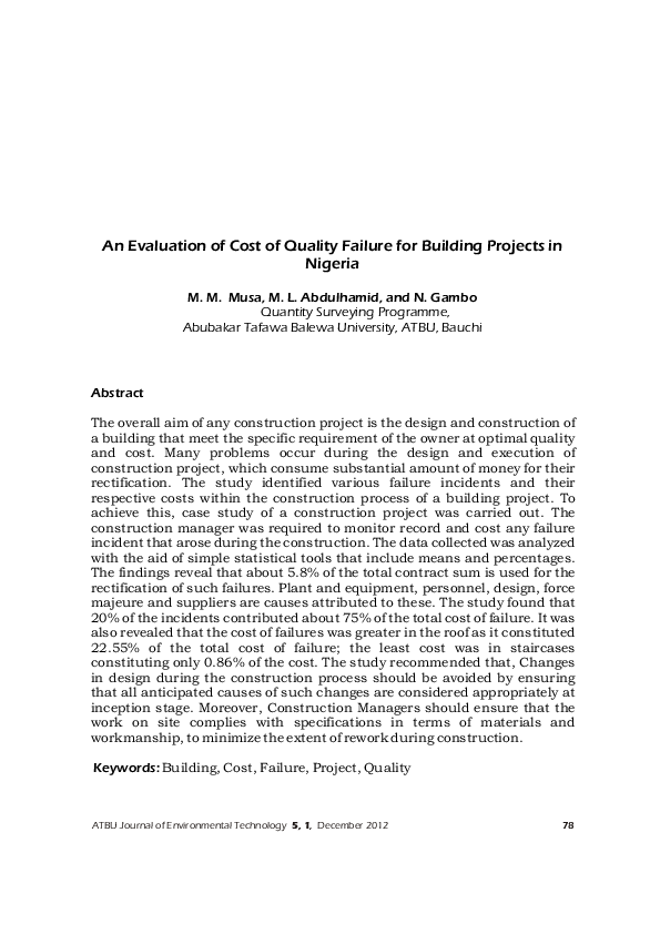 (PDF) An Evaluation of Cost of Quality Failure for Building Projects in ...