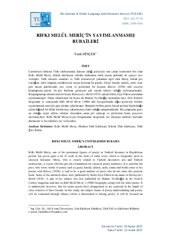(PDF) FATİH DİNÇER - RIFKI MELÛL MERİÇ’İN YAYIMLANMAMIŞ RUBAİLERİ