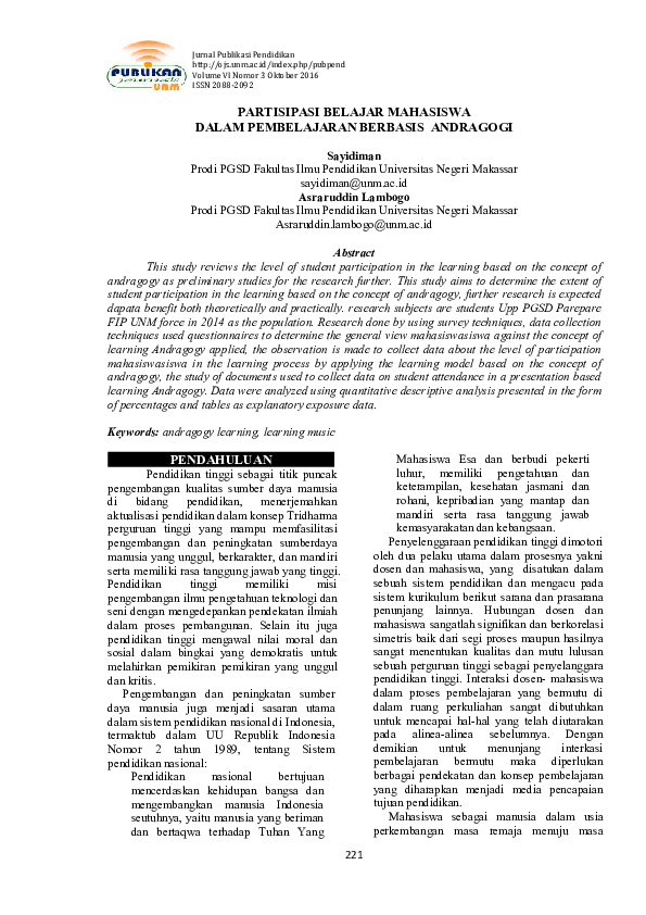 (PDF) PARTISIPASI BELAJAR MAHASISWA DALAM PEMBELAJARAN BERBASIS ANDRAGOGI