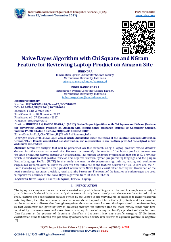 Pdf Naive Bayes Algorithm With Chi Square And Ngram Feature For Reviewing Laptop Product On 
