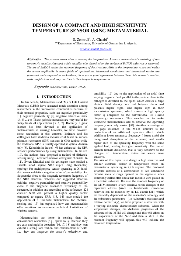 Pdf Design Of A Compact And High Sensitivity Temperature Sensor Using Metamaterial