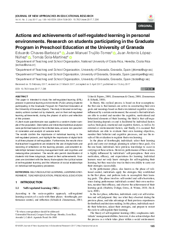 (PDF) Actions and achievements of self-regulated learning in personal environments. Research on ...