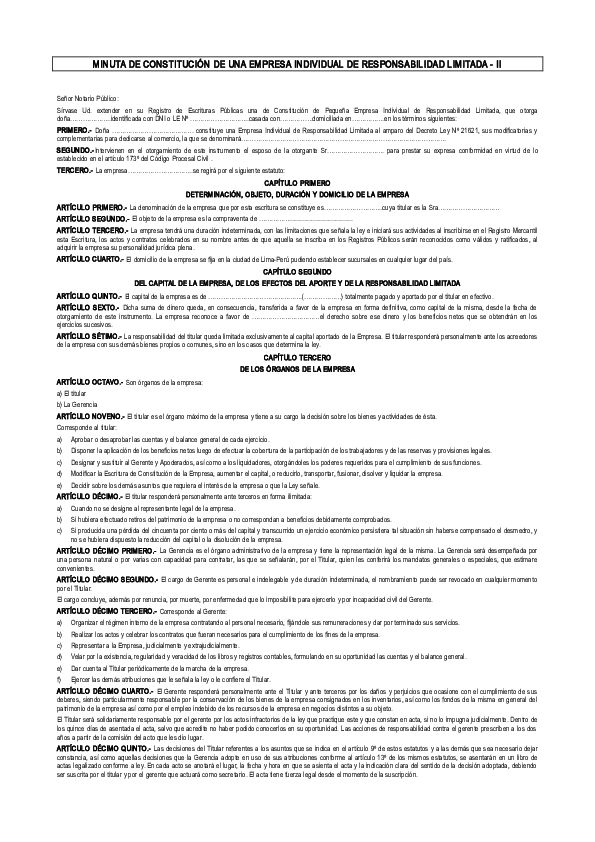 (DOC) MINUTA DE CONSTITUCIÓN DE UNA EMPRESA INDIVIDUAL DE RESPONSABILIDAD LIMITADA -II
