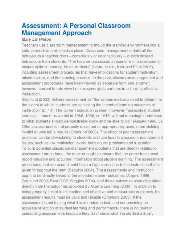(DOC) Assessment: A Personal Classroom Management Approach