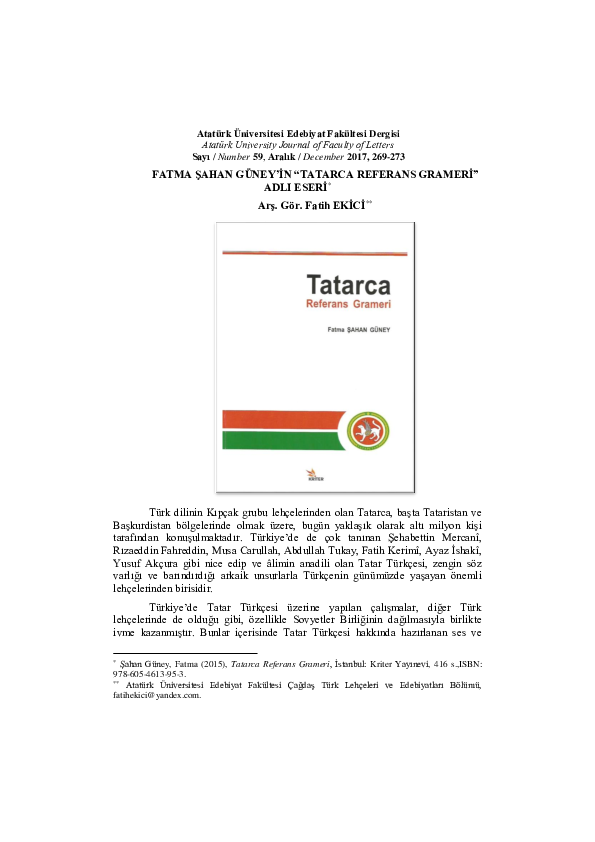 (PDF) Fatma Şahan Güney'in "Tatarca Referans Grameri" Adlı Eseri
