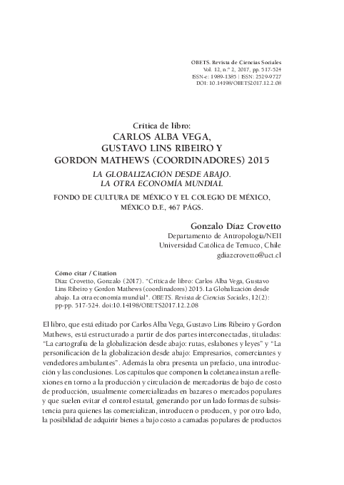 (PDF) Crítica de libro: Carlos Alba Vega, Gustavo Lins Ribeiro y Gordon ...