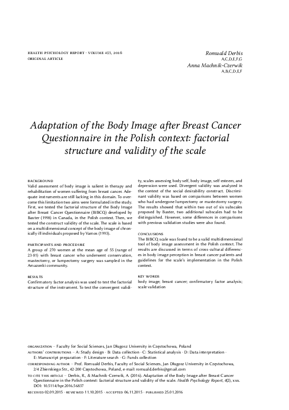 (PDF) Adaptation of the Body Image after Breast Cancer Questionnaire in ...
