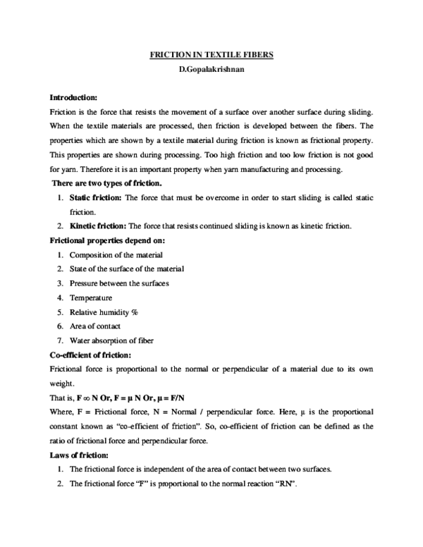 (PDF) FRICTION IN TEXTILE FIBERS