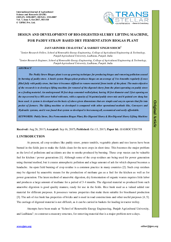 (PDF) DESIGN AND DEVELOPMENT OF BIO-DIGESTED SLURRY LIFTING MACHINE ...