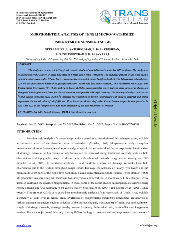 Pdf Morphometric Analysis Of Tengli Micro Watershed Using Remote