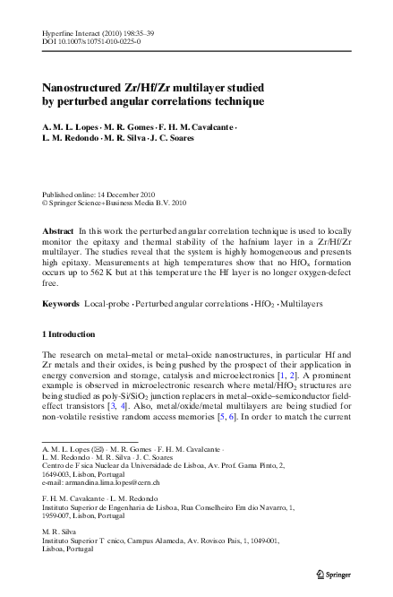 (PDF) Nanostructured Zr/Hf/Zr multilayer studied by perturbed angular correlations technique