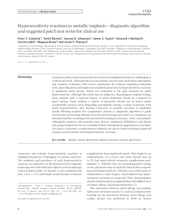 (PDF) Hypersensitivity reactions to metallic implants - diagnostic ...
