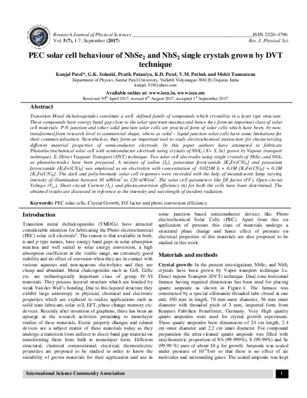 Pdf Pec Solar Cell Behaviour Of Nbse2 And Nbs2 Single Crystals Grown By Dvt Technique
