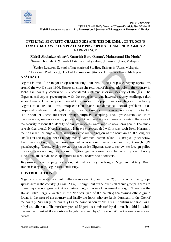 (PDF) INTERNAL SECURITY CHALLENGES AND THE DILEMMA OF TROOP'S CONTRIBUTION TO UN PEACEKEEPING ...