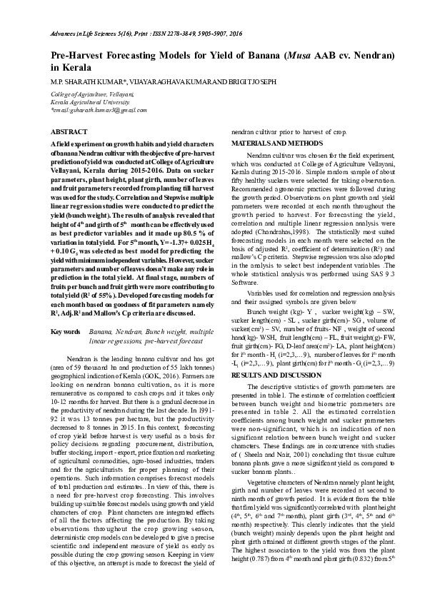Pdf Pre Harvest Forecasting Models For Yield Of Banana Musa Aab Cv Nendran In Kerala