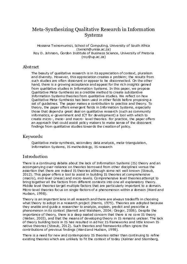 (PDF) Meta-Synthesizing Qualitative Research in Information Systems